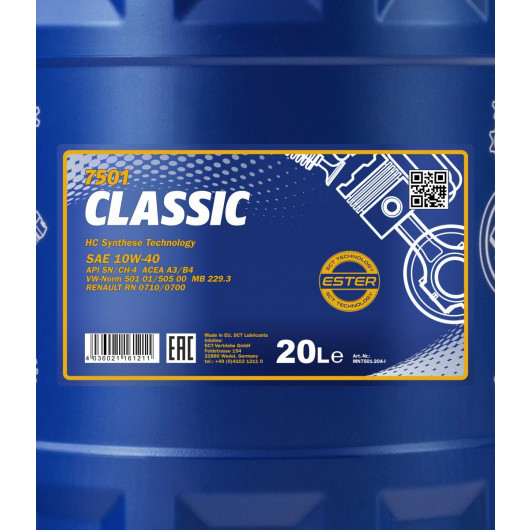Mannol 7501 Classic 10W-40 synthetisches Motoröl 20l Kanister - SAE 10W ...