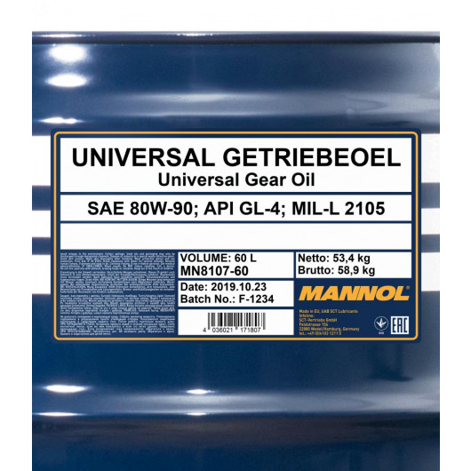 MANNOL Universal Getriebeöl 80W-90 API GL 4 60l Fass ...