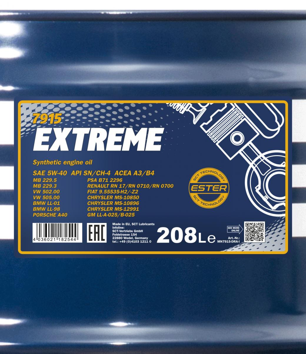 Mannol 7915 Extreme 5W-40 synthetisches Motoröl 208l Fass - SAE 5W-40 ...
